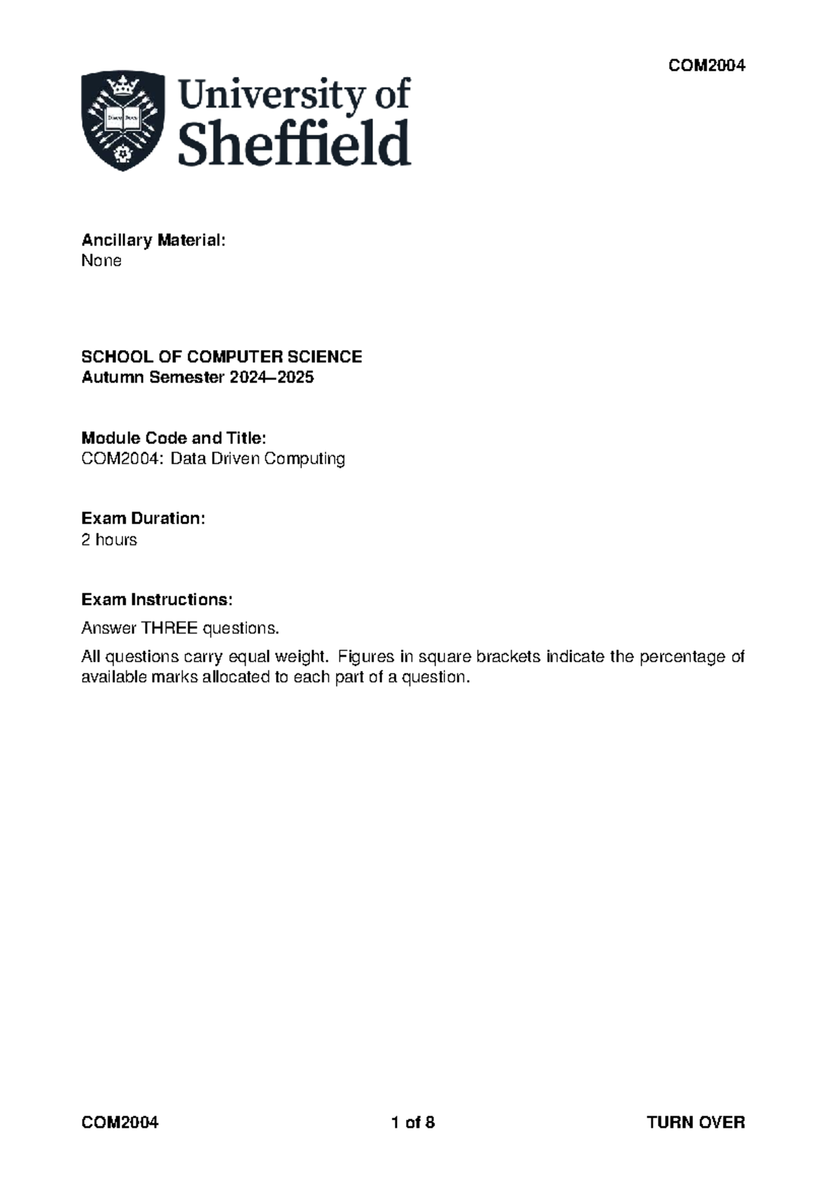COM2004 Data Driven Computing Exam Paper - Autumn 2024/2025 - Studocu