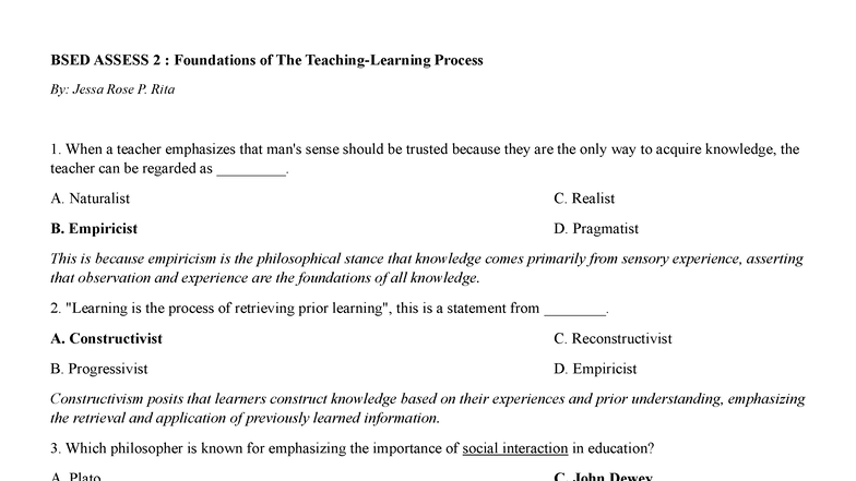 BSED ASSESS 2: Foundations of The Teaching Process - Quiz Notes - Studocu