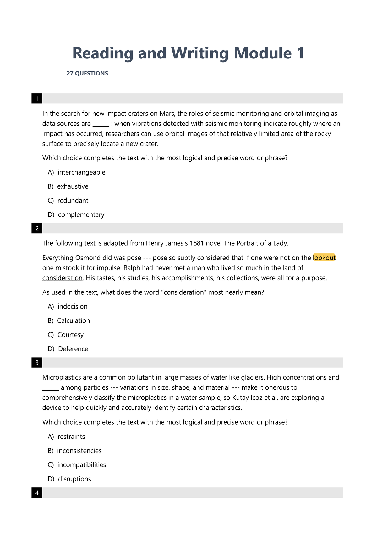 Reading and Writing Module 1: 27 Practice Questions and Answers - Studocu