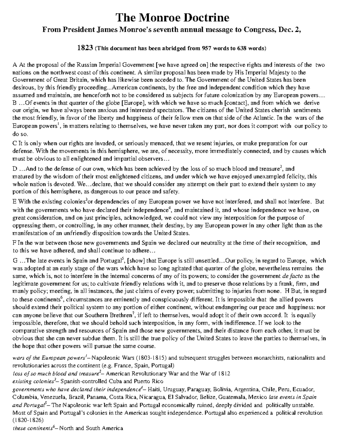 Monroe Doctrine Overview Worksheet - Key Points & Summary - Studocu