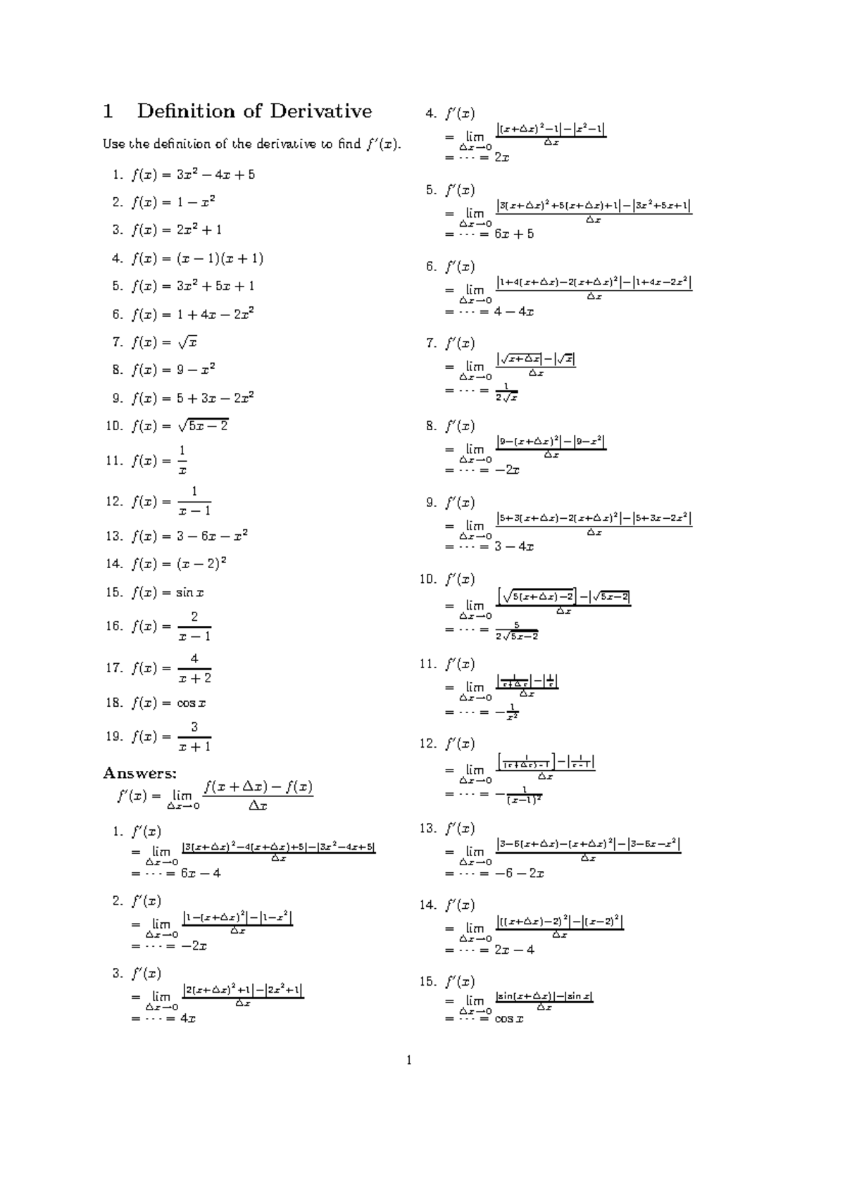 Definition of a derivative problems - 1 Definition of Derivative Use ...