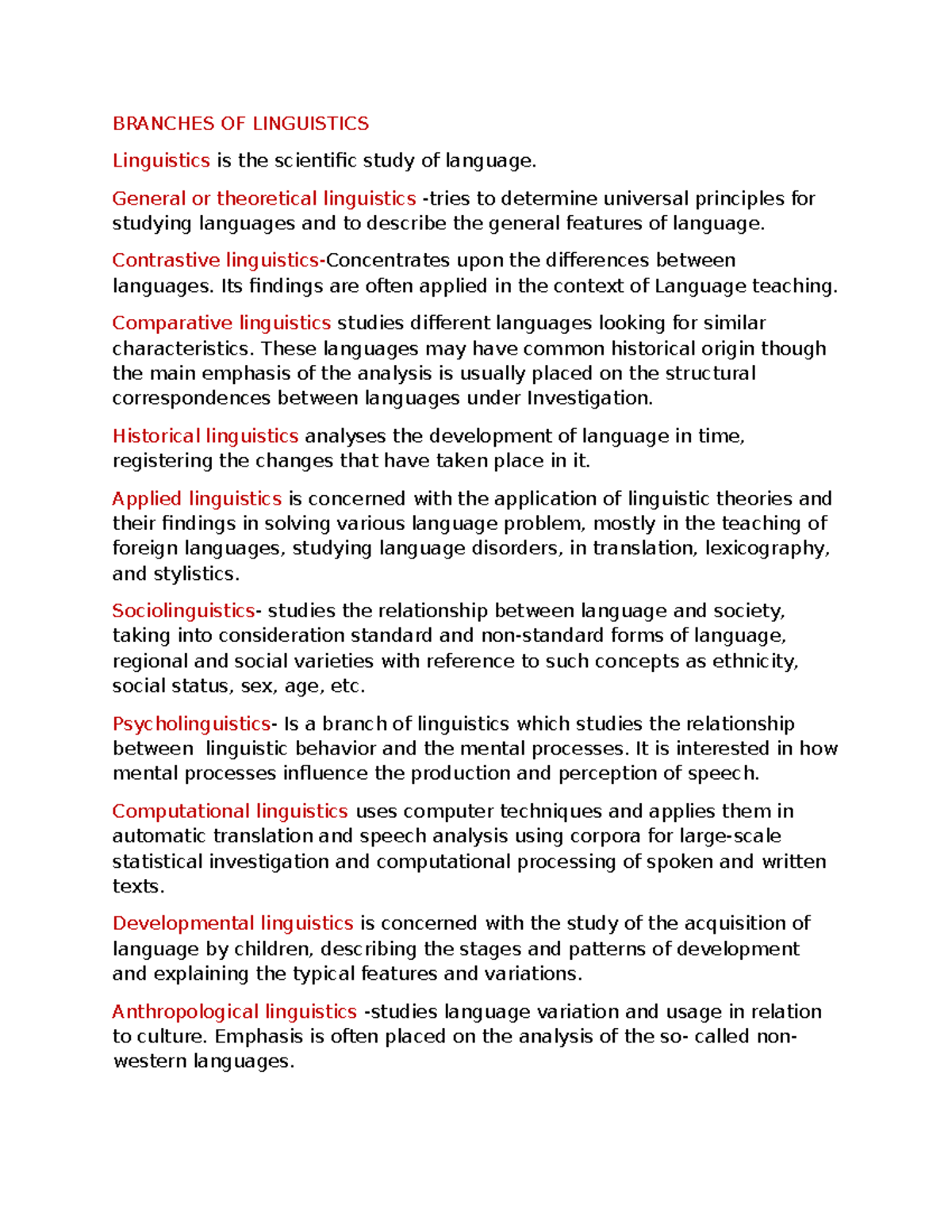 Branches of Linguistics: An Overview of Language Studies - Studocu