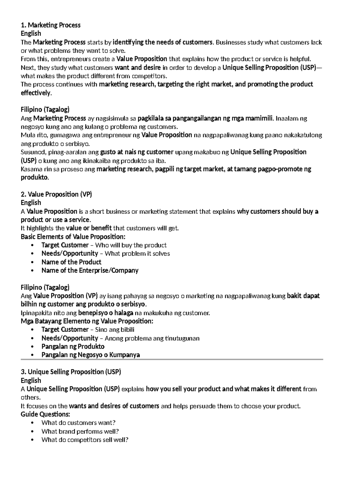 Marketing Process Overview: VP, USP, & Research Insights - Studocu