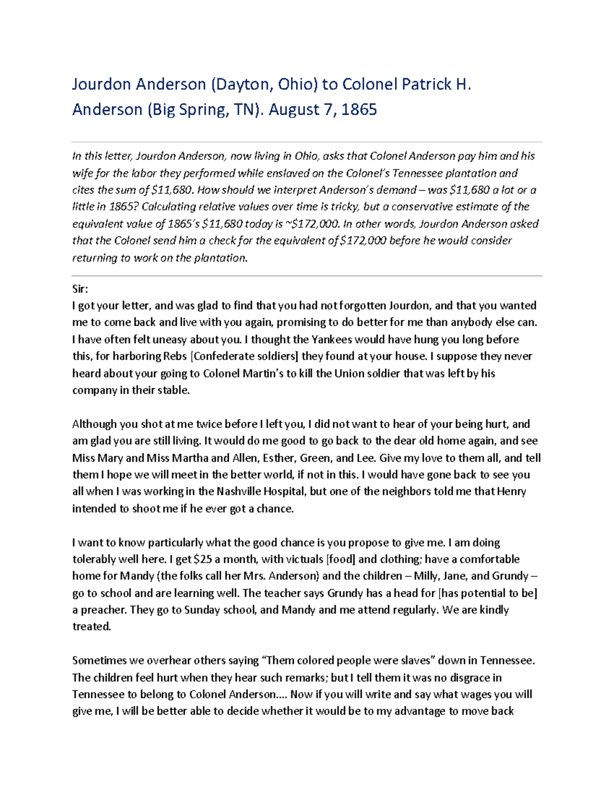 Jourdon Anderson's Letter to Colonel Anderson (1865) - Studocu