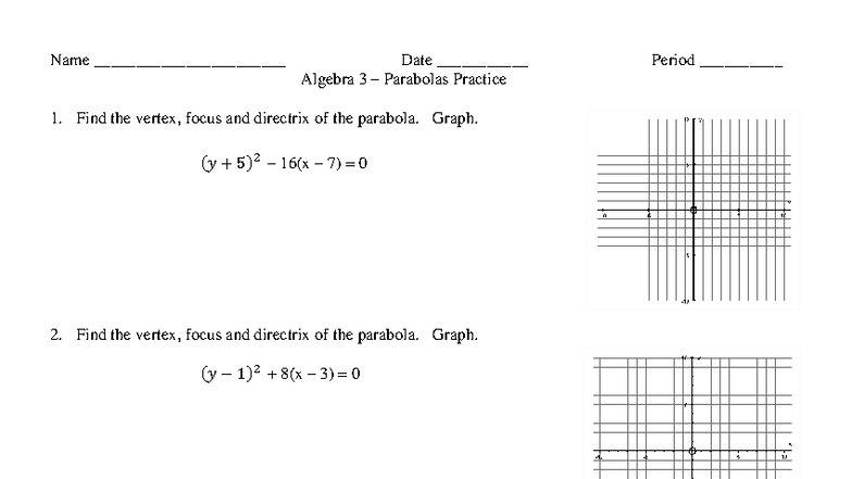 Algebra 3 Parabolas Practice: Vertex, Focus & Directrix Analysis - Studocu
