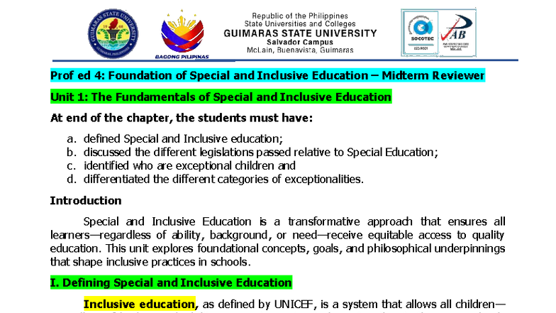 PROF ED 4: Midterm Reviewer on Special & Inclusive Education - Studocu