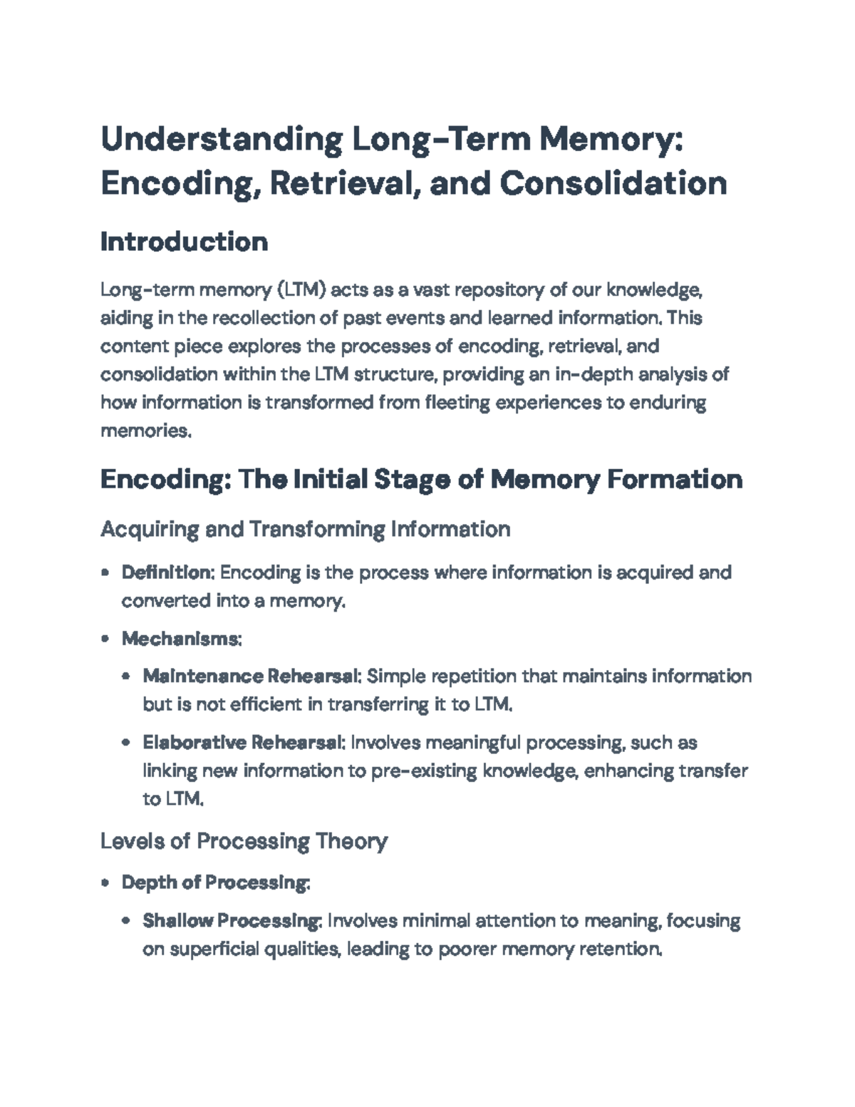 Understanding Long-Term Memory: Encoding, Retrieval, and Consolidation ...