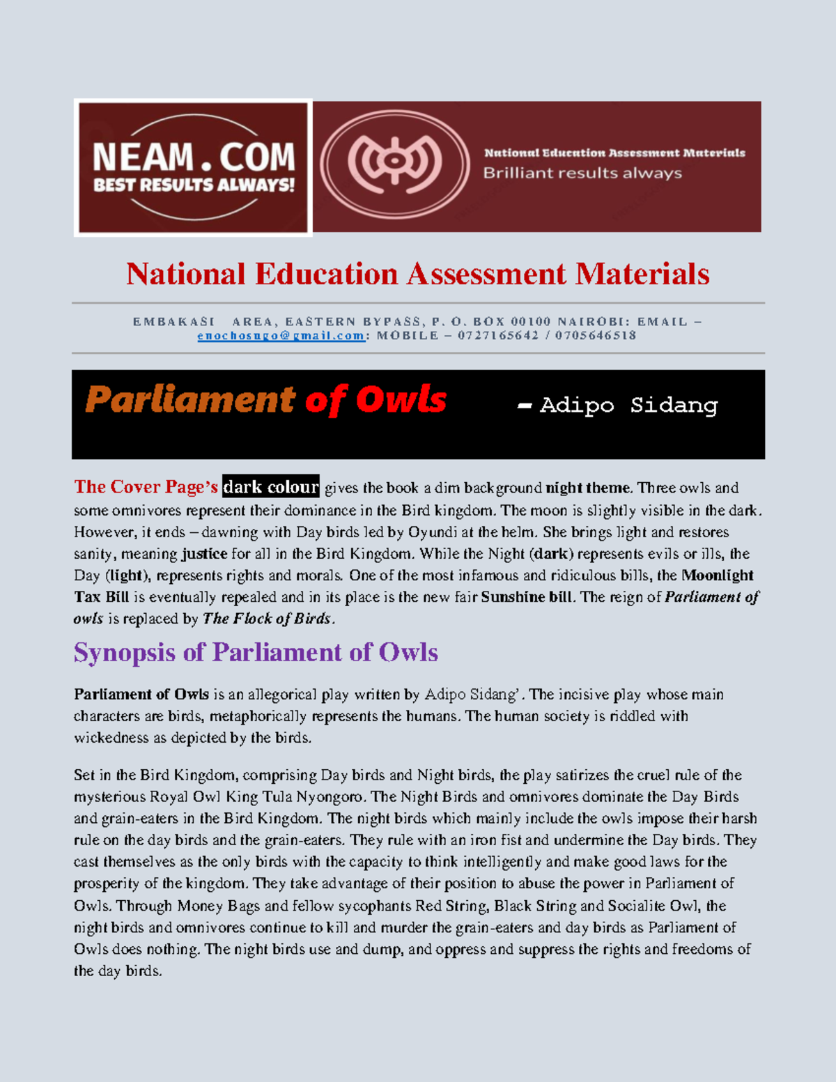 NEAM.COM Parliament of Owls - An Abridged Study Guide - Studocu