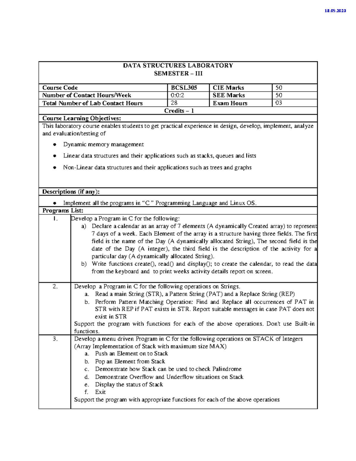 BCSL305 DSA Lab Syllabus: Dynamic & Linear Data Structures Programming - Studocu