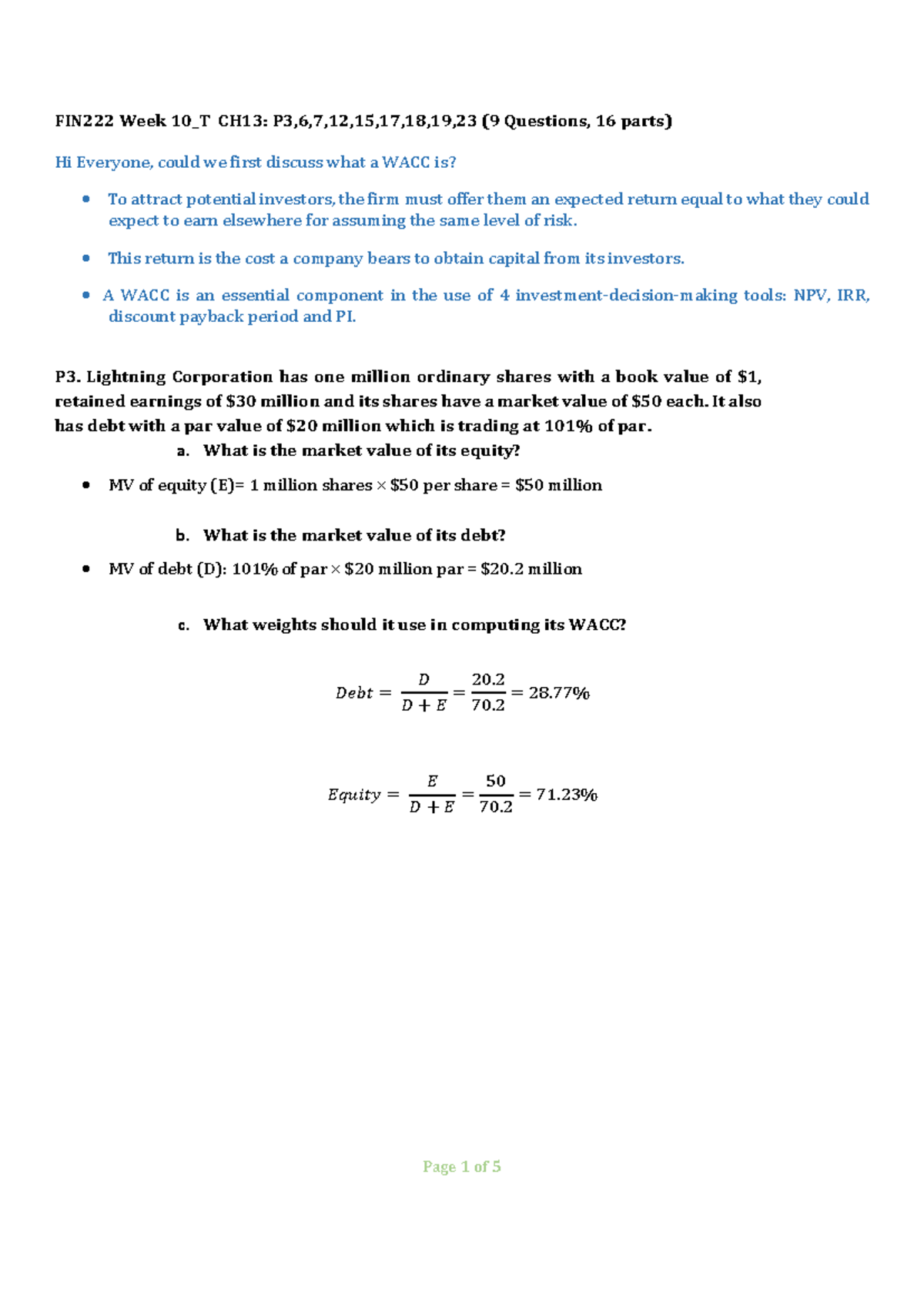 Week 10 Tutorial Answers - FIN222 Week 10_T CH13: P3,6,7,12,15,17,18,19 ...