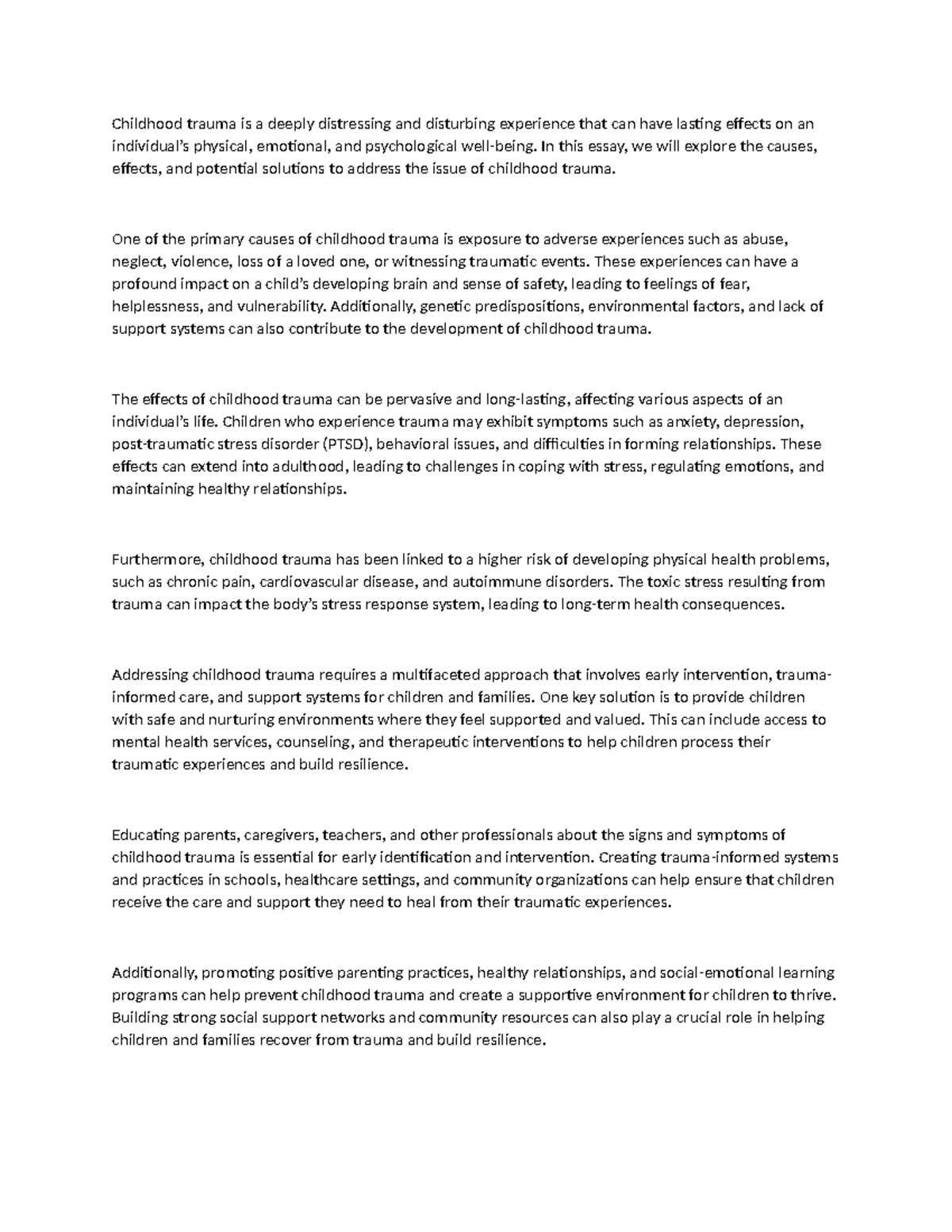 Childhood trauma essay - Childhood trauma is a deeply distressing and ...