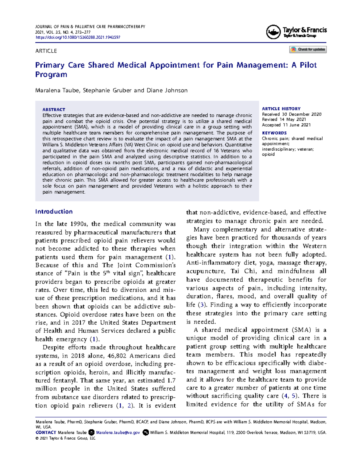 Primary Care Shared Medical Appointments for Pain Management: A Pilot ...
