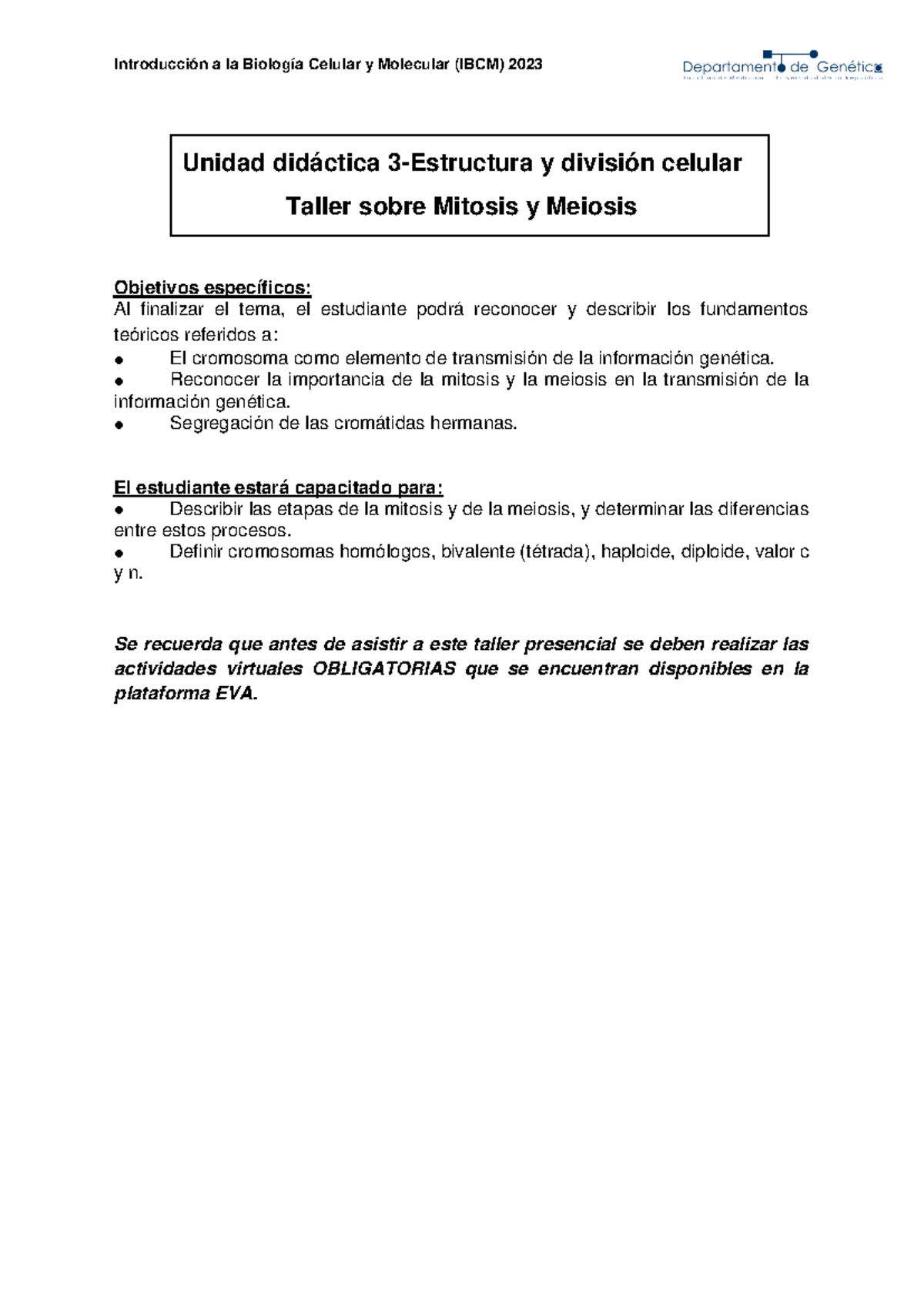 Taller IBCM sobre Mitosis y Meiosis: Descripción y Comparaciones - Studocu