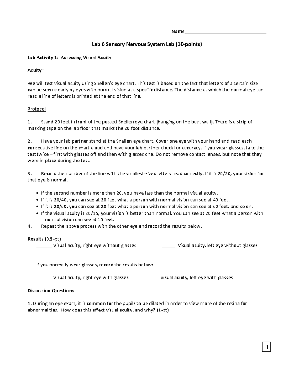 Lab 6: Sensory Nervous System Worksheet and Experiments - Studocu