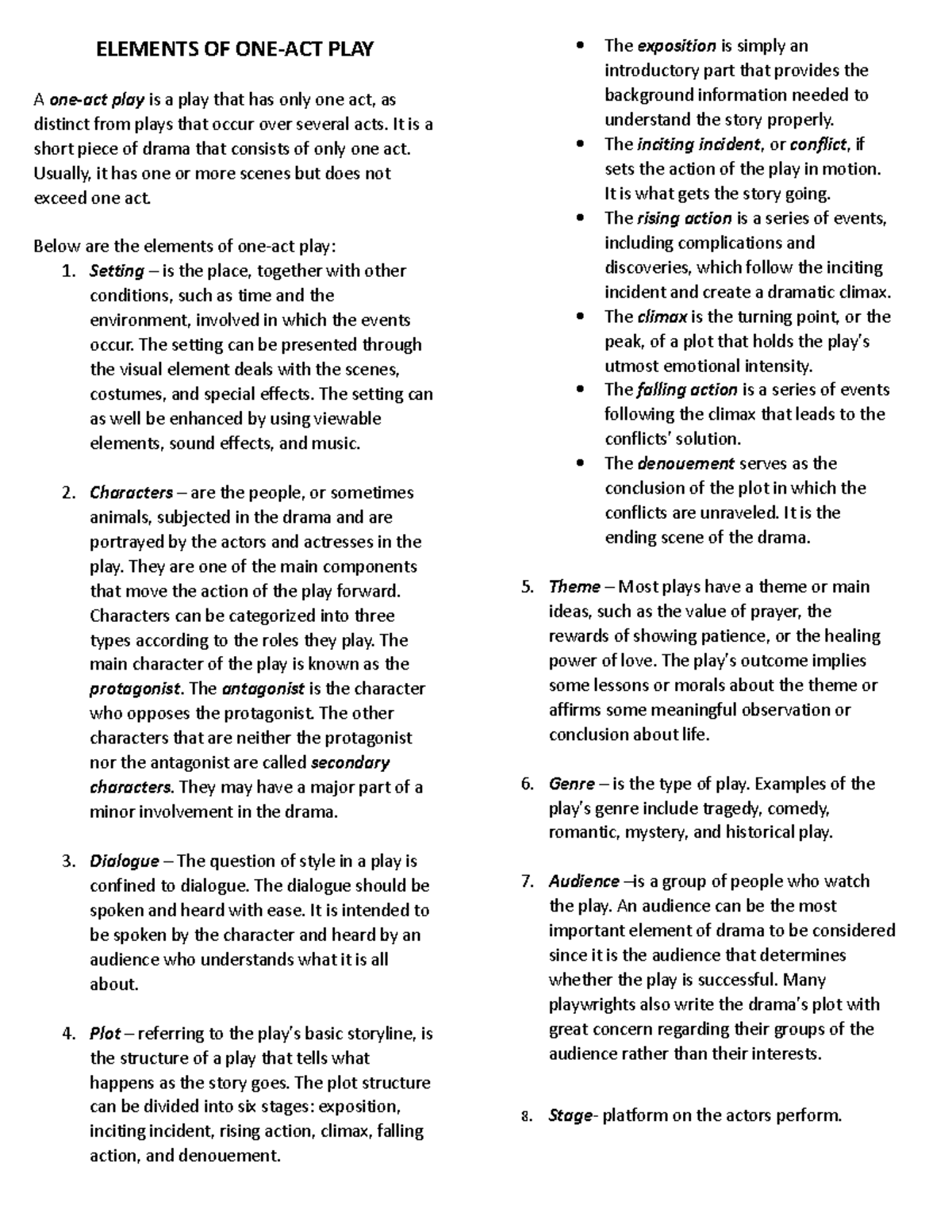 Elements OF ONE-ACT PLAY - ELEMENTS OF ONE-ACT PLAY A one-act play is a ...