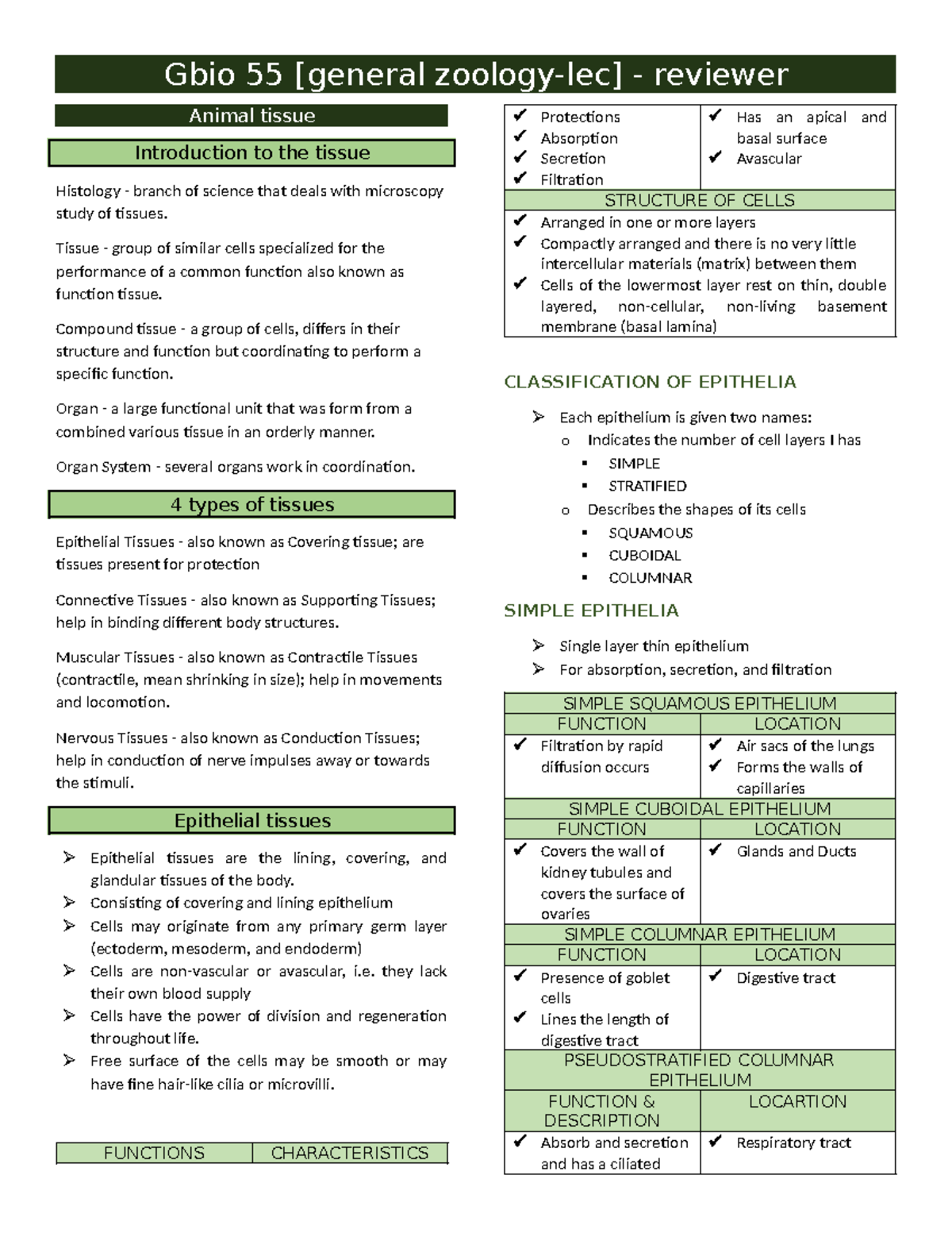 Gbio 55 Lecture Review: Understanding Animal Tissues and Histology - Studocu