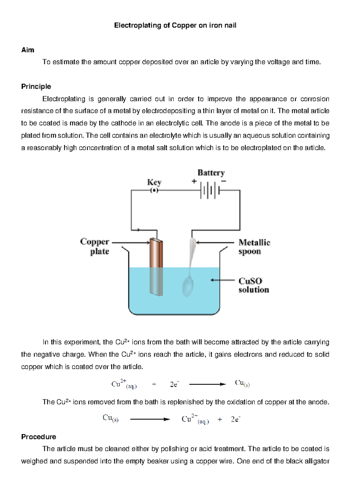 Electroplating of Copper on Iron Nail: Experiment Procedure & Results ...