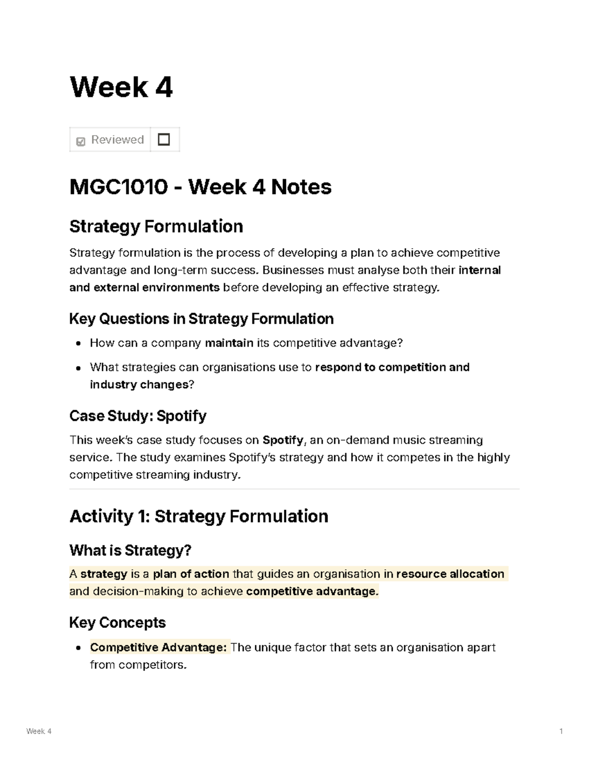 MGC1010 Week 4 Notes - Week 4 Reviewed MGC1010 - Week 4 Notes Strategy ...