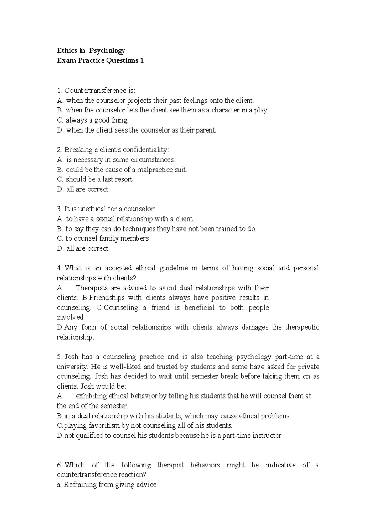 Ethics in Psychology Exam Practice Qs - Comprehensive Review - Studocu