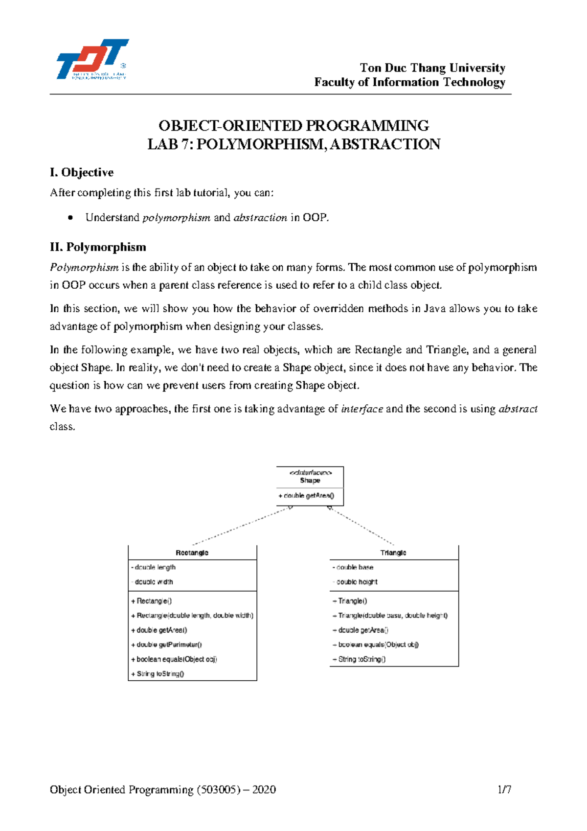 Lab7 - lab7 - Faculty of Information Technology OBJECT-ORIENTED PROGRAMMING LAB 7 : POLYMORPHISM ...
