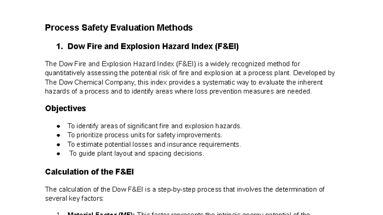 Process Safety Evaluation Methods: Dow Fire & Explosion Hazard Index ...