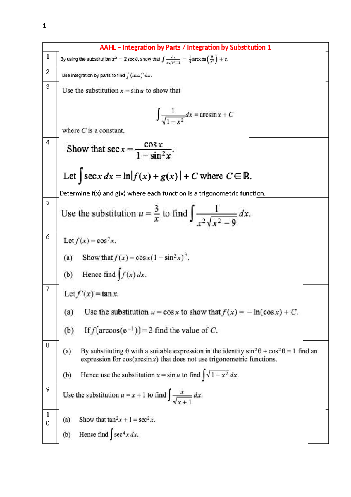 Further Integration 1 - Mathematics: Analysis and Approaches HL ...