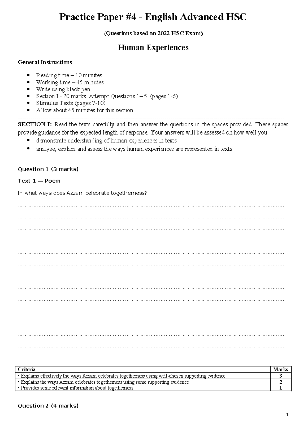 Practice Paper #4: English Advanced HSC - Human Experiences Analysis ...