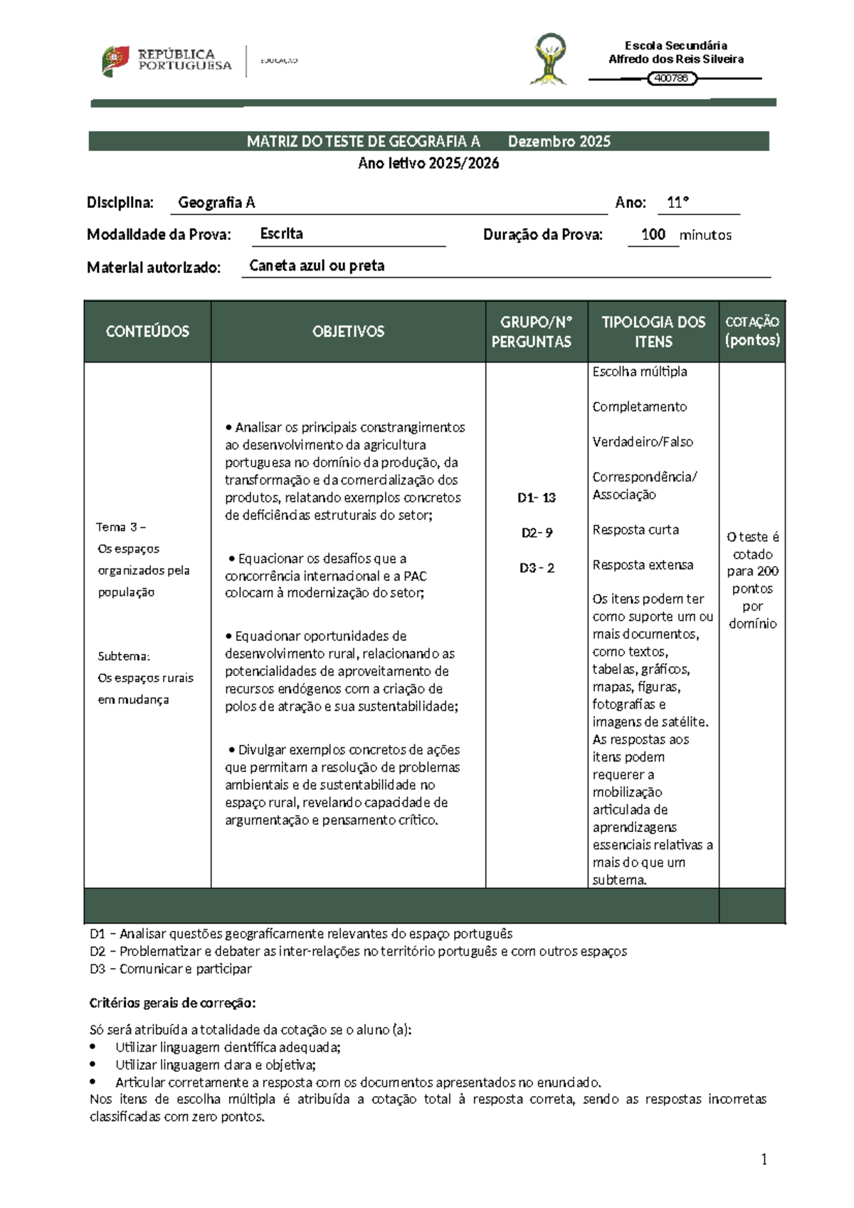 MATRIZ DO TESTE DE GEOGRAFIA A 400786 - Dezembro 2025 - Studocu
