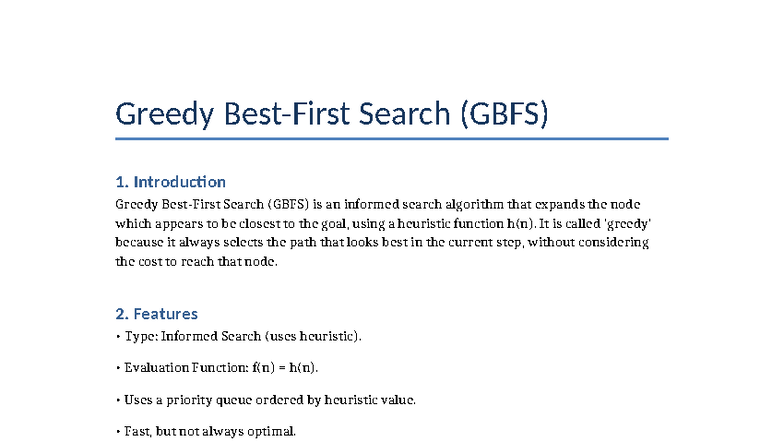 Greedy Best First Search (GBFS) Overview and Algorithm - Studocu