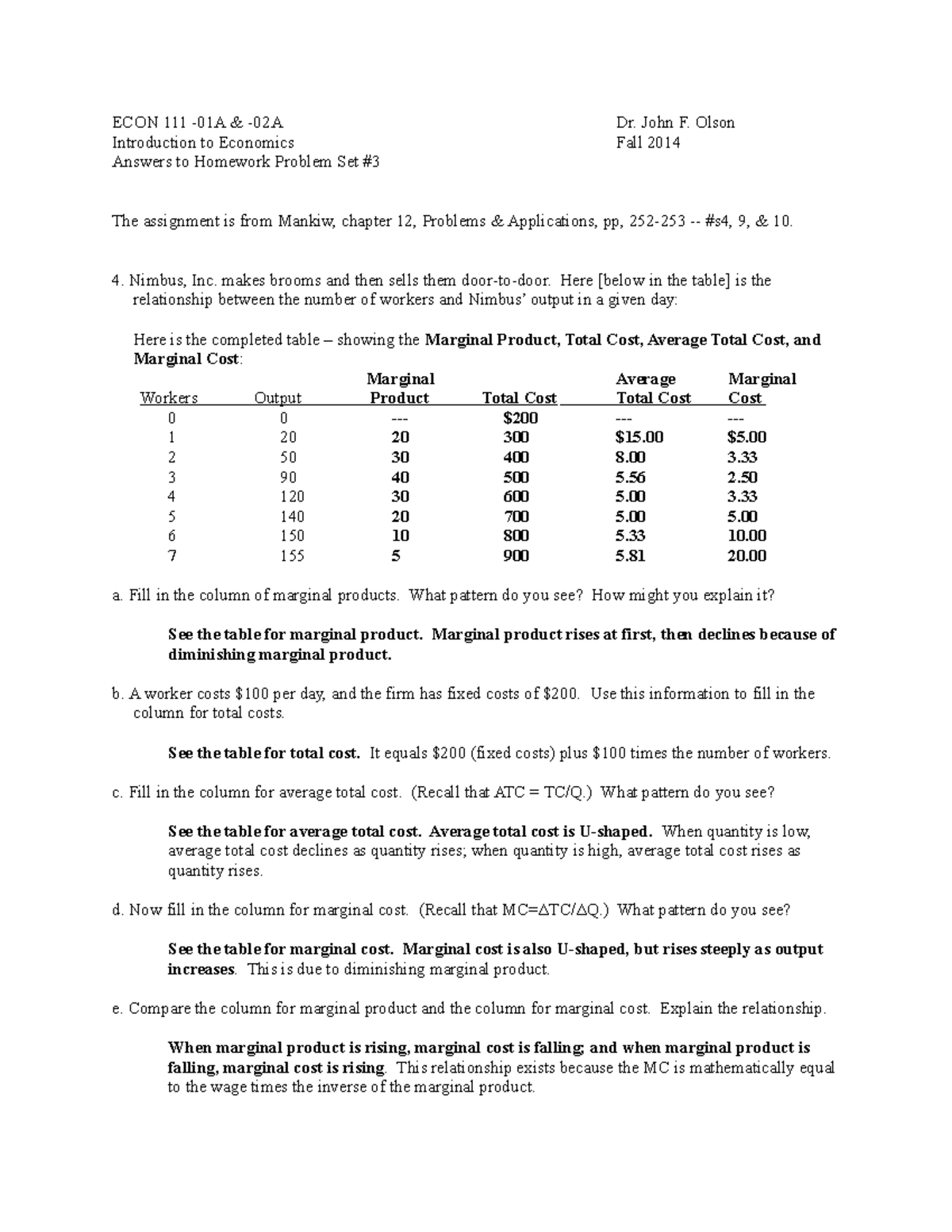 F14ECON111HWPS3ans - Homework - ECON 111 -01A & -02A Dr. John F. Olson ...