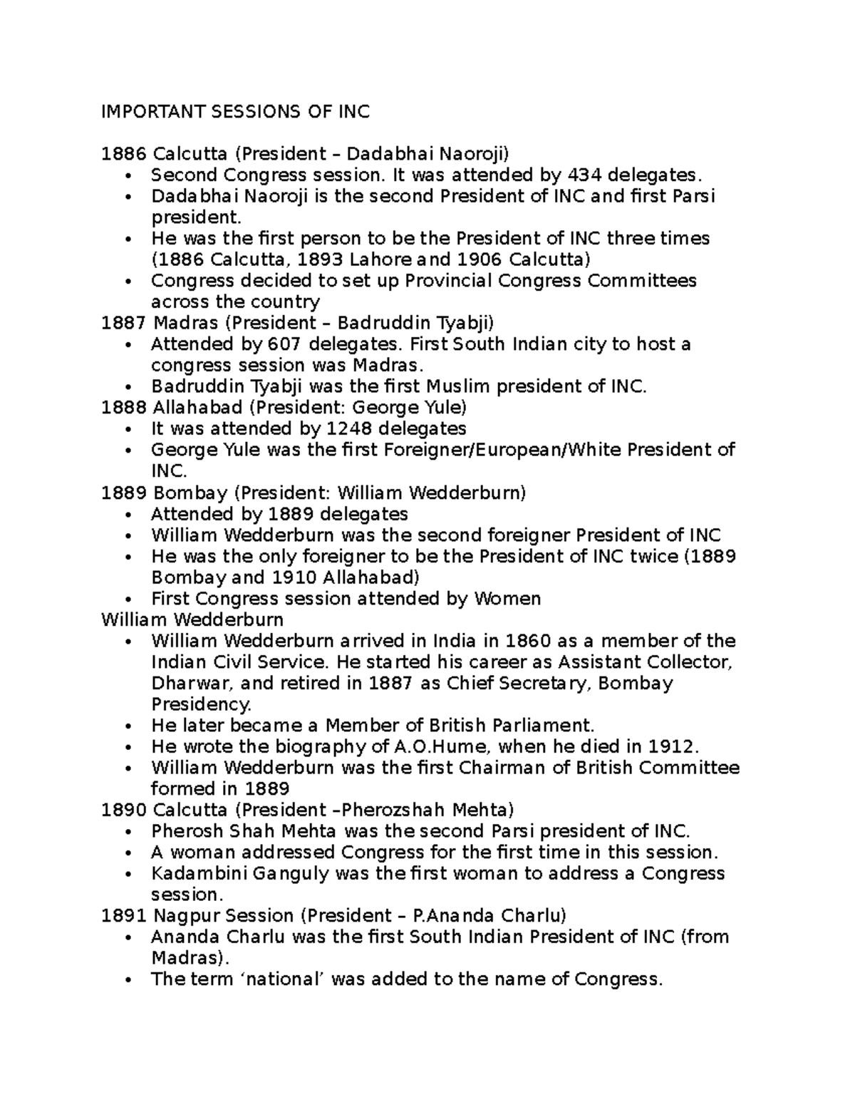Important Sessions of Indian National Congress (INC) - Studocu