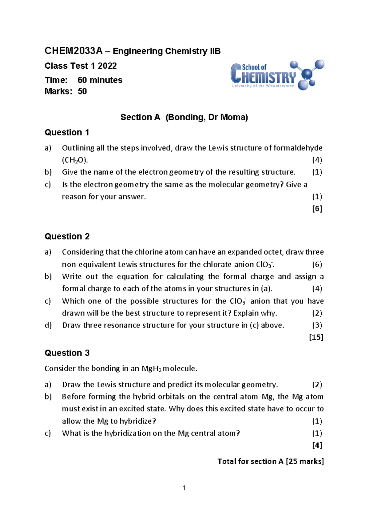 CHEM2033A Midterm Test 1: Chemical Bonding & Molecular Geometry - Studocu