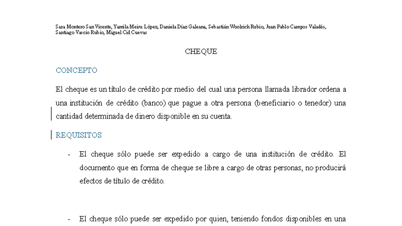 Cheque: Concepto y Características - Tareas - Studocu