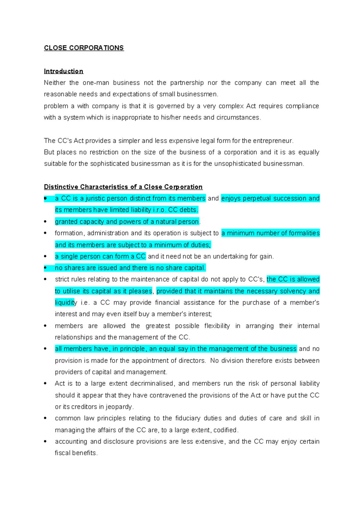 Close Corporations (CCs) Overview and Key Characteristics - Studocu