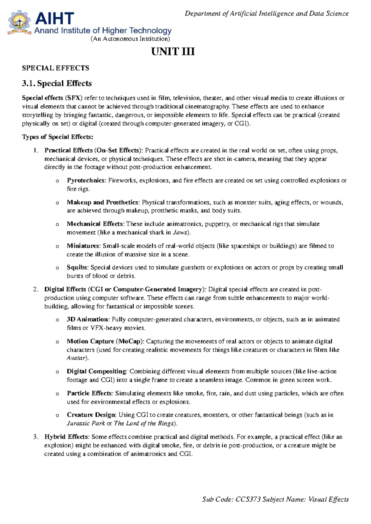 Unit 3: Special Effects in Visual Effects (CCS373) - Studocu