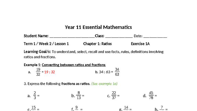 Year 11 Essential Mathematics: Term 1 Week 2 Lesson 1 - Ratios ...