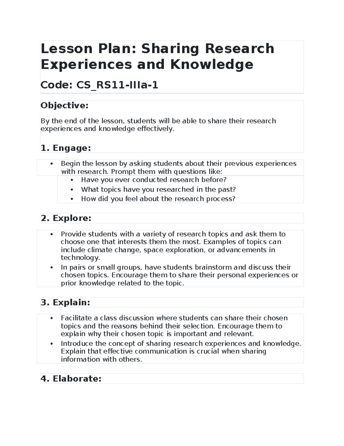 Lesson Plan: Sharing Research Experiences - CS_RS11-IIIa- - Studocu