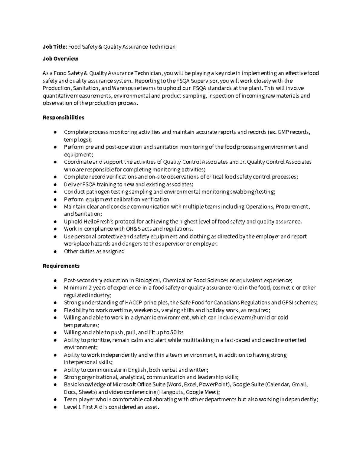 Job Description: FSQA Technician Role Overview and Responsibilities ...