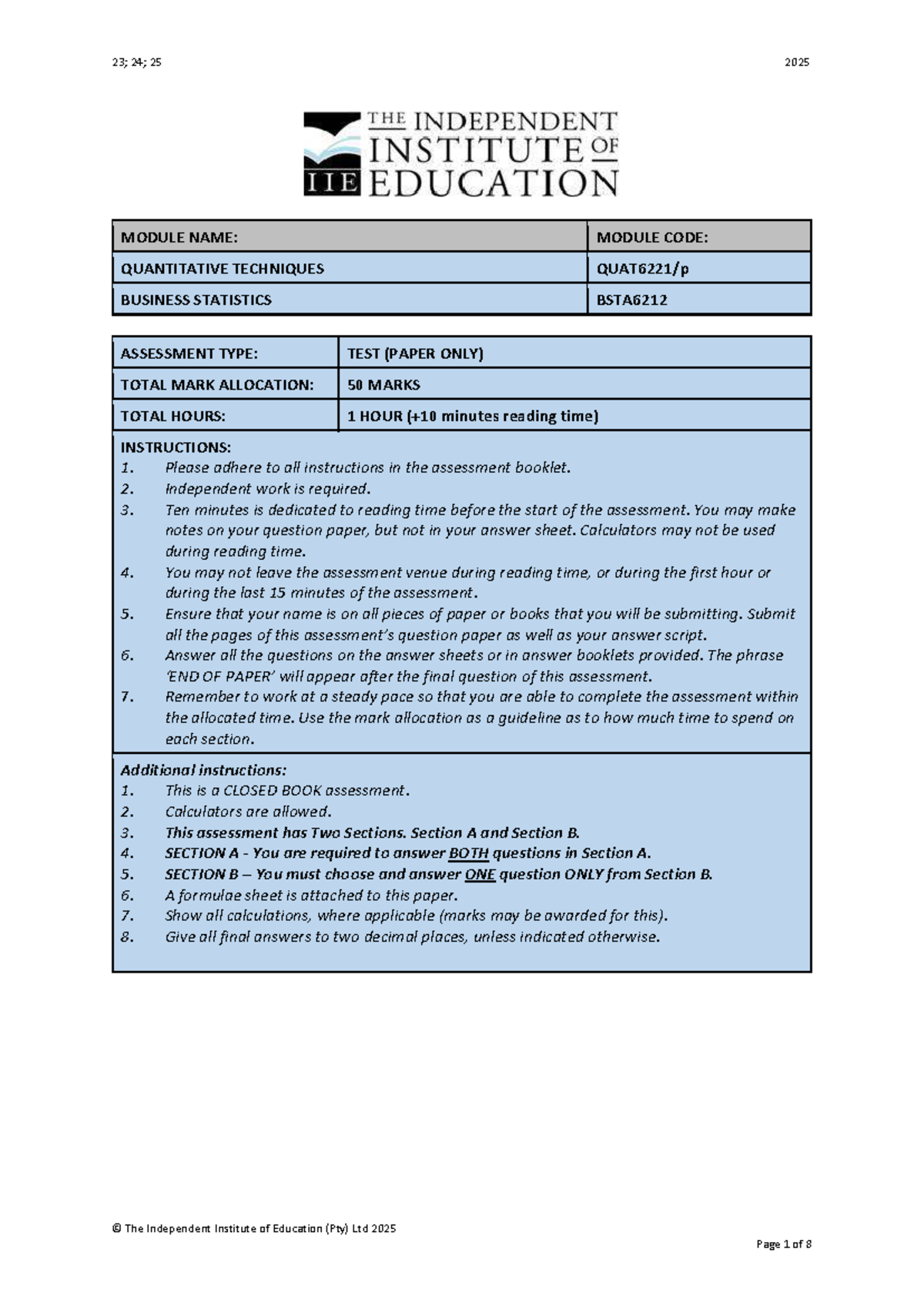 BSTA6212 Quantitative Techniques Test Paper - 2025 - Studocu