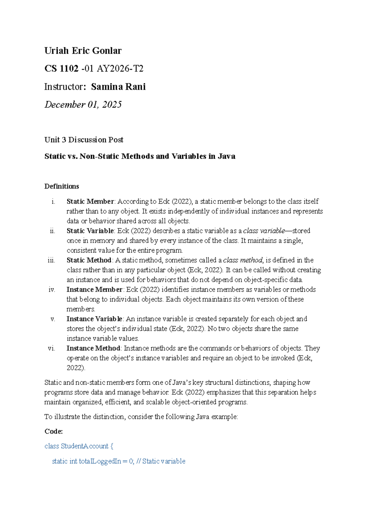 CS 1102 Unit 3 Discussion: Static vs. Instance Members in Java - Studocu