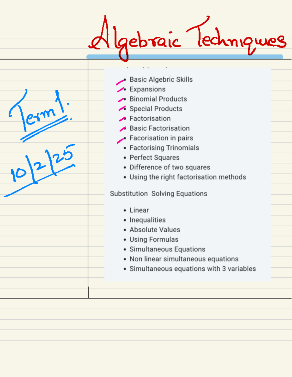 LESSON 1 - Revising Algebra - Algebraic Techniques Terml . E X ...