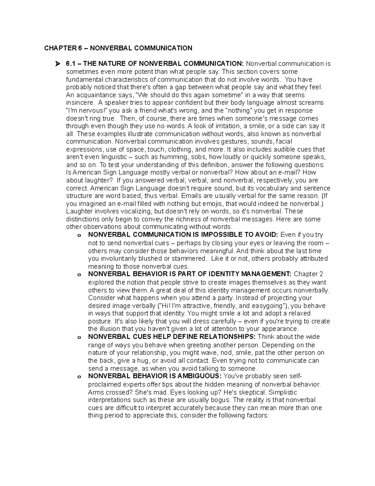 Chapter 6 SPCH Notes: Understanding Nonverbal Communication - Studocu