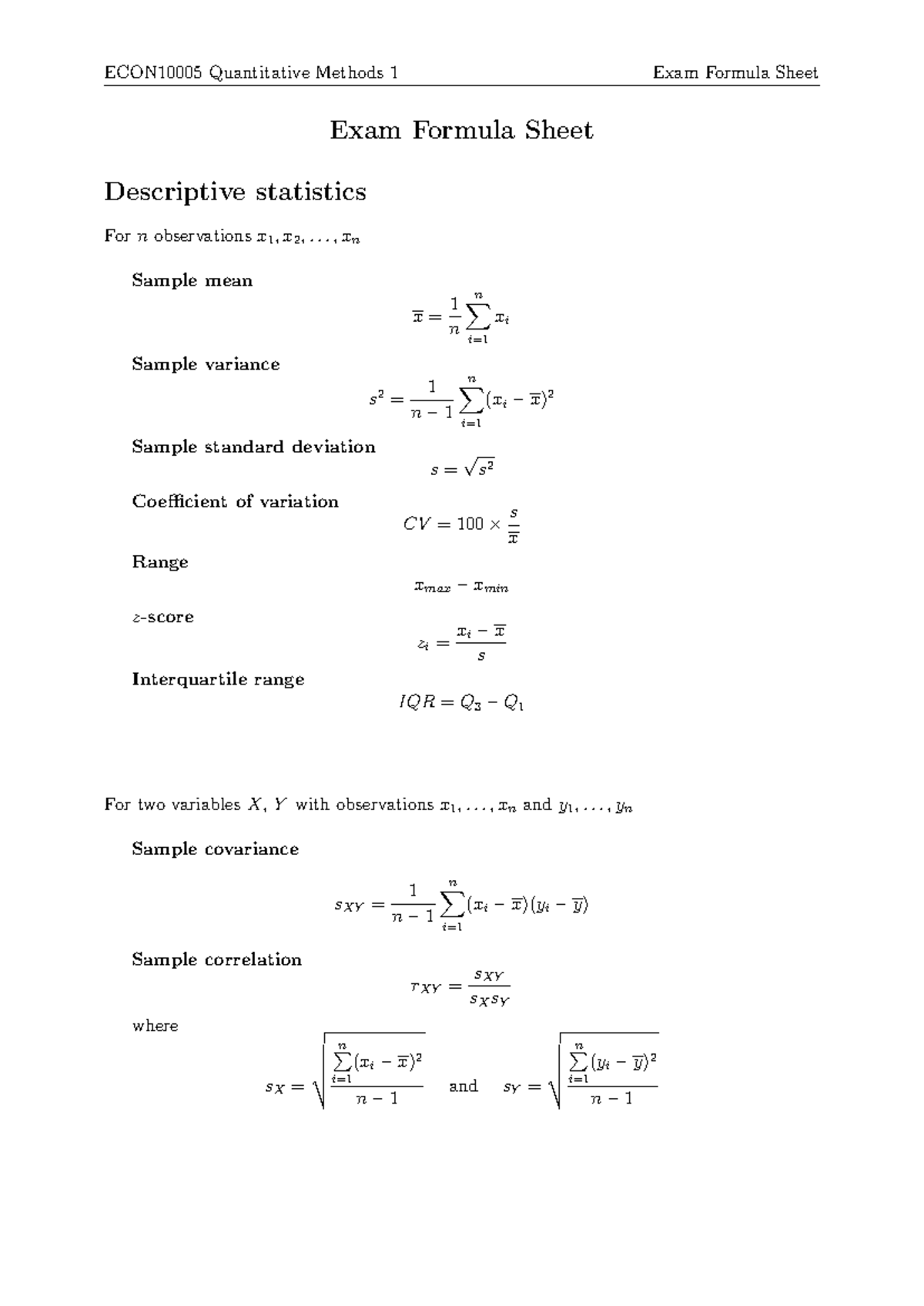 Quantitative Methods 1 Exam Formula Sheet: Key Statistics & Formulas ...