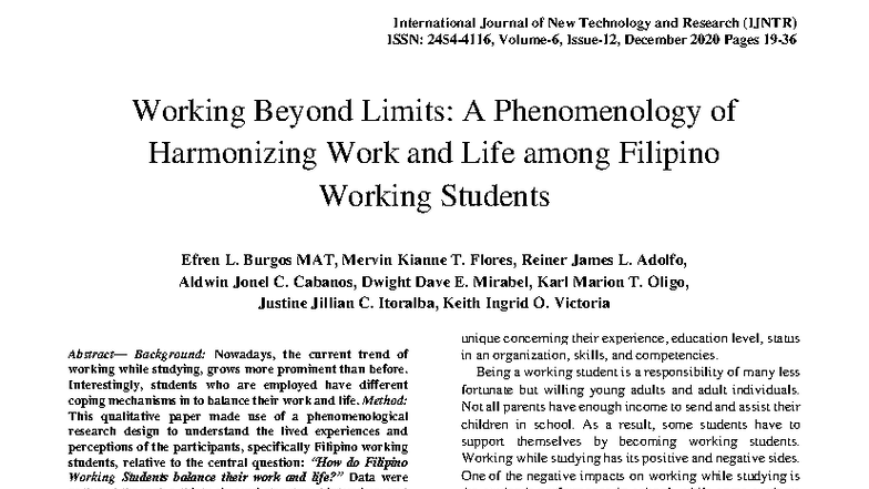 Working Beyond Limits: A Phenomenological Study of Filipino Working ...
