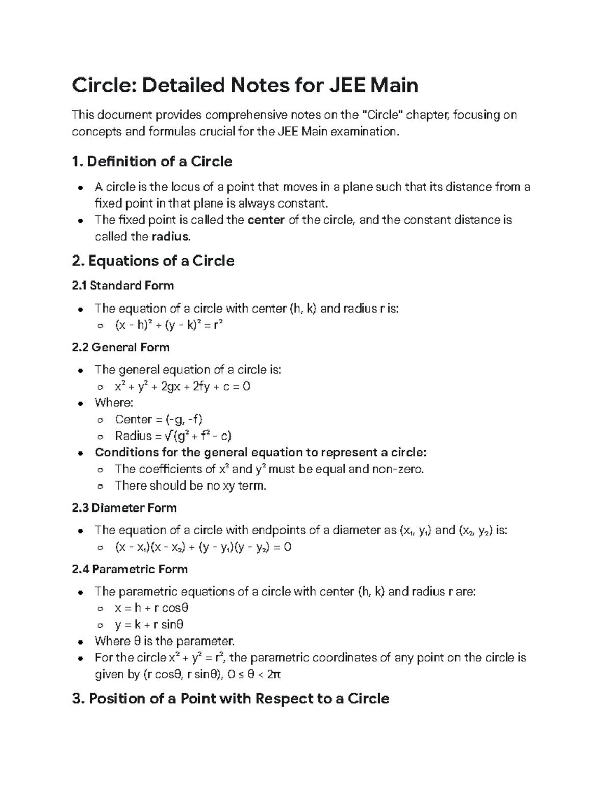Circle: Comprehensive Notes for JEE Main Exam - Studocu