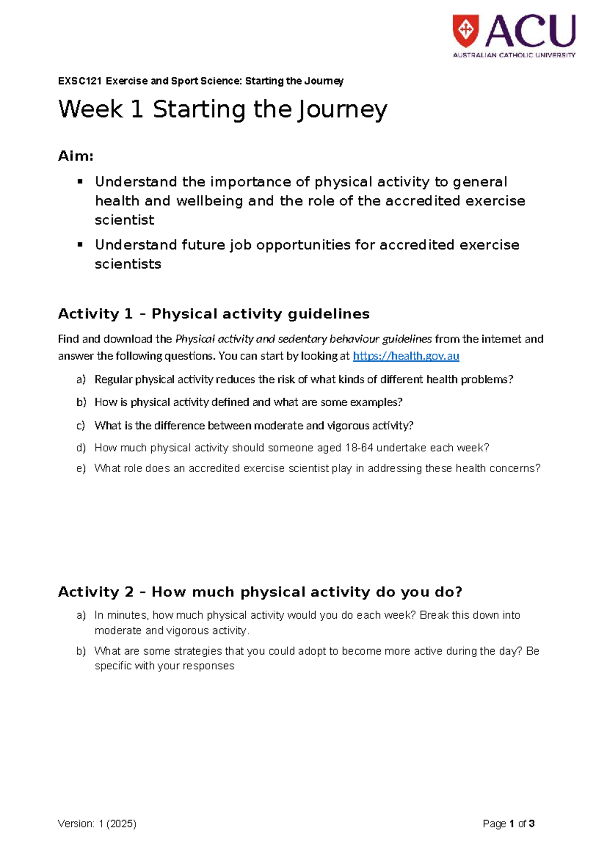 EXSC121 Sem1 Wk1 Tutorial: Exploring Physical Activity & Career Paths ...