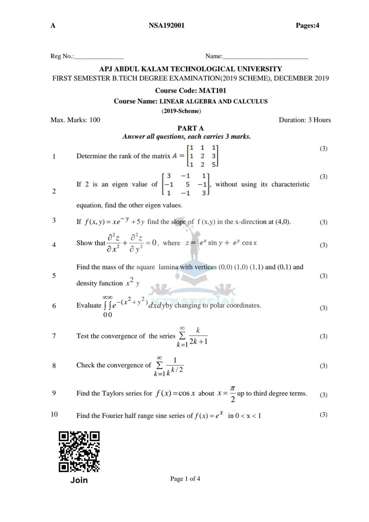 MAT101 Final Exam QP - Linear Algebra & Calculus (Dec 2019) - Studocu