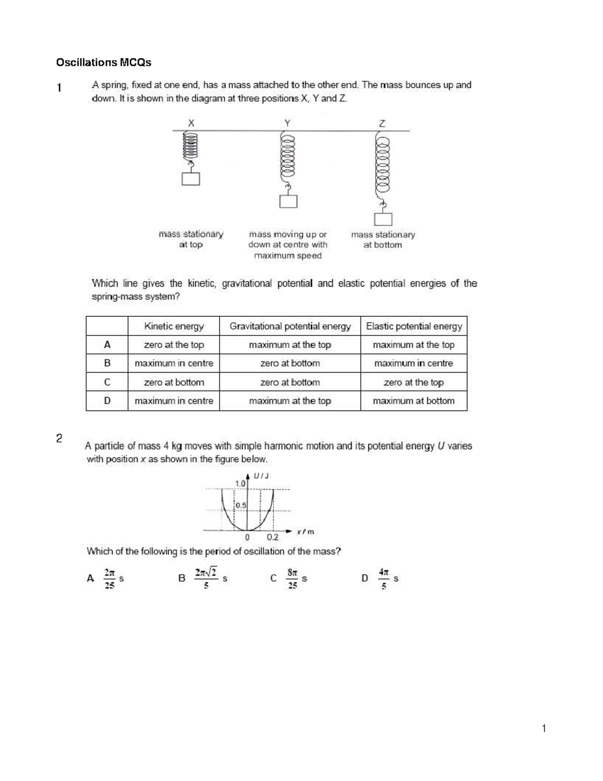 Oscillations MCQs for Physics Course: Simple Harmonic Motion - Studocu