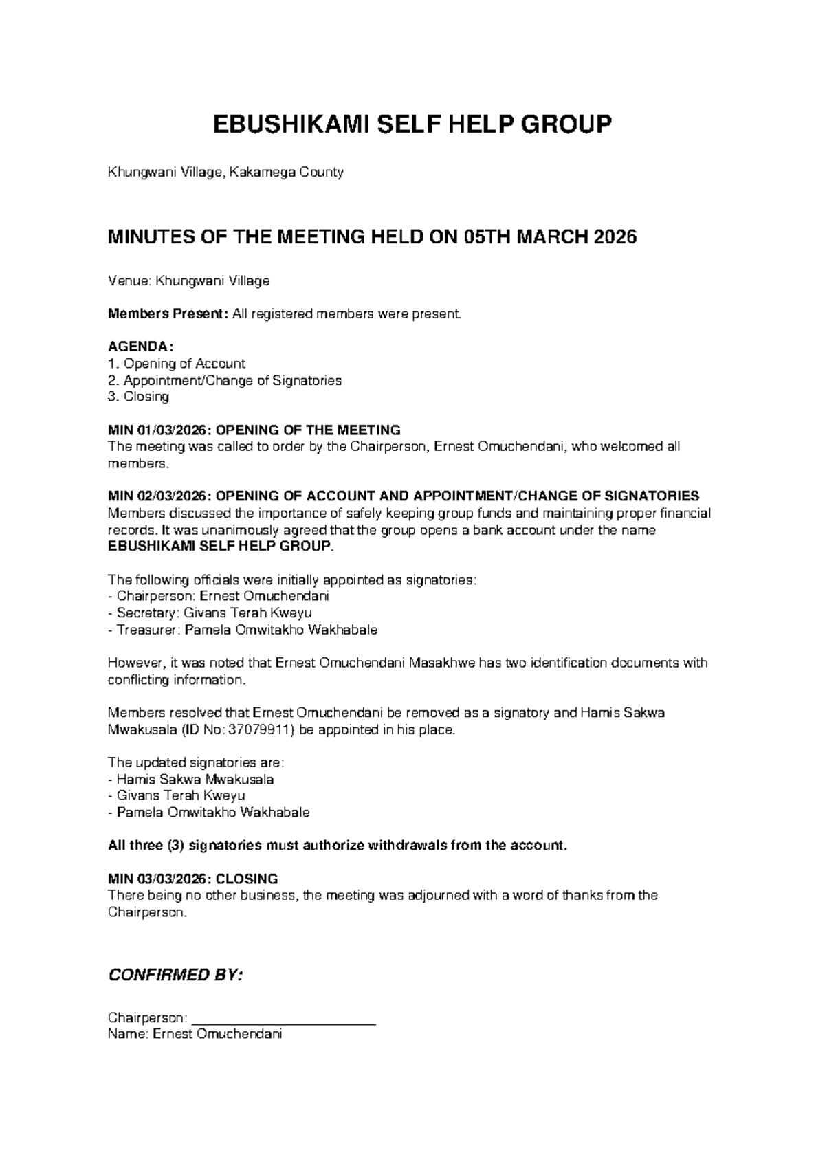 EBUSHIKAMI SELF HELP GROUP Meeting Minutes - 05 March 2026 - Studocu