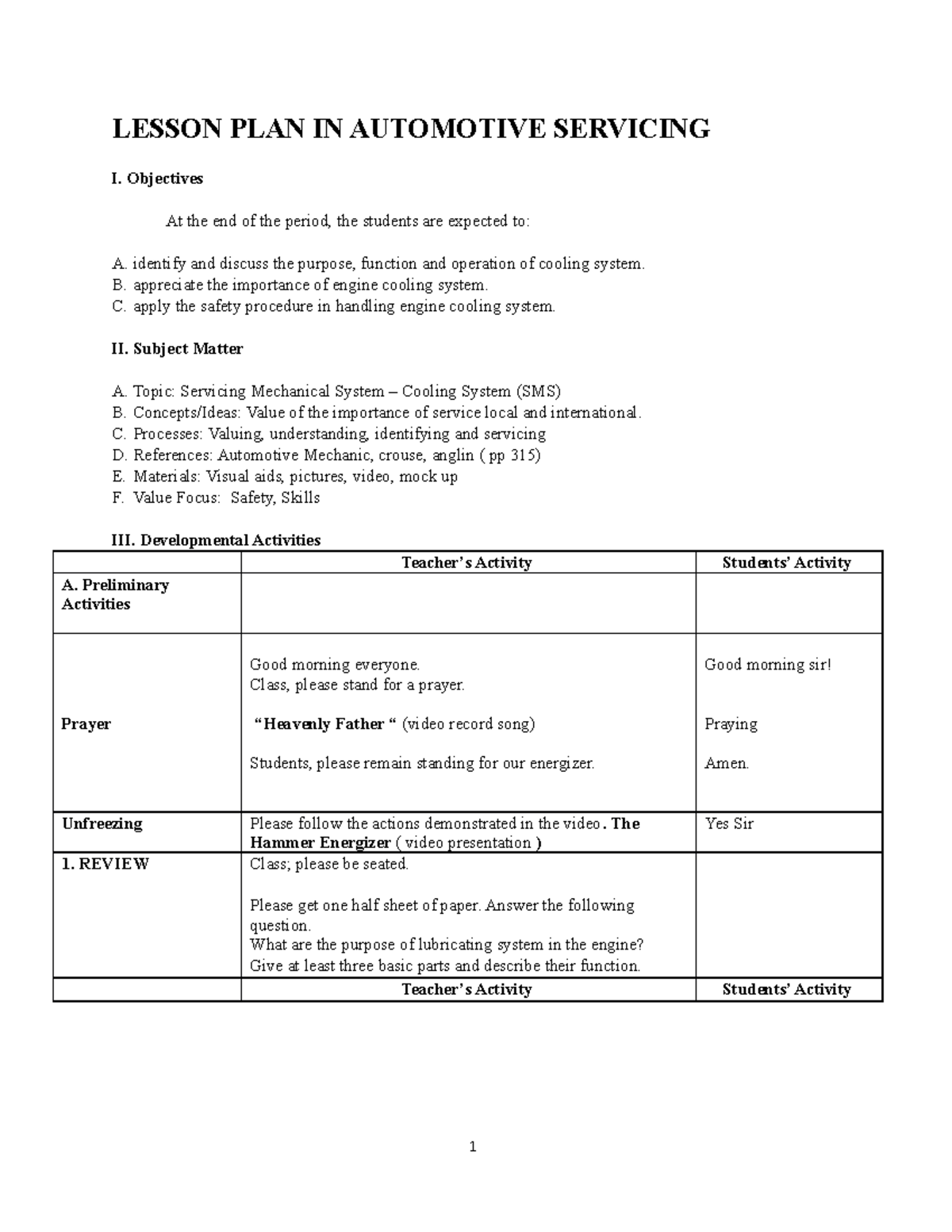 Lesson PLAN IN Automotive Servicing NC 1 docx - LESSON PLAN IN ...